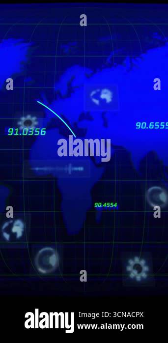 Animation of world map with data points and trajectory lines on digital ...