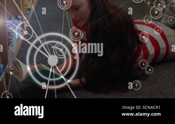 Woman pulling book from shelf and scanning pages under radar graphics for education. Literature ...