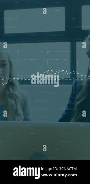 Diverse team collaborating at office with digital sound wave animation ...