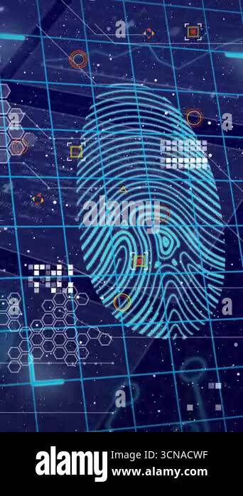 Animation of data processing and fingerprint over blue background. Global business and digital ...