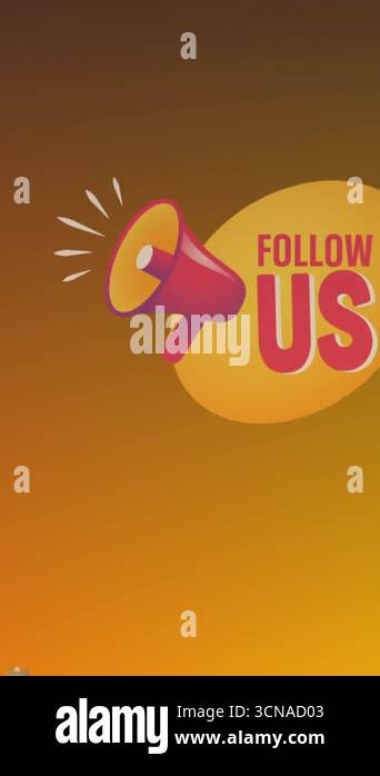 Animation of like and follow us text with icons on yellow background ...