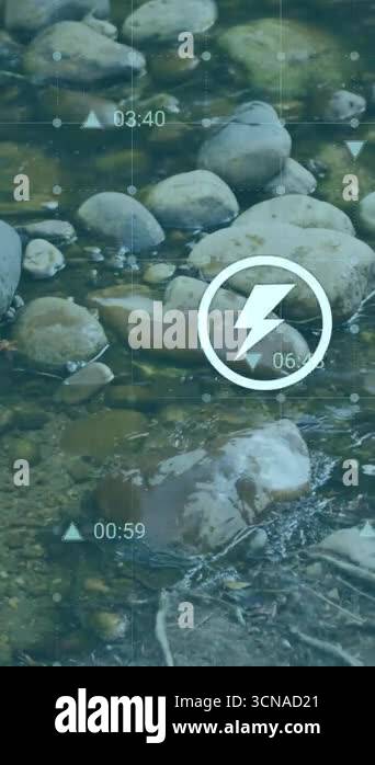 Medical cross and house icons animation over stream with rocks and ...