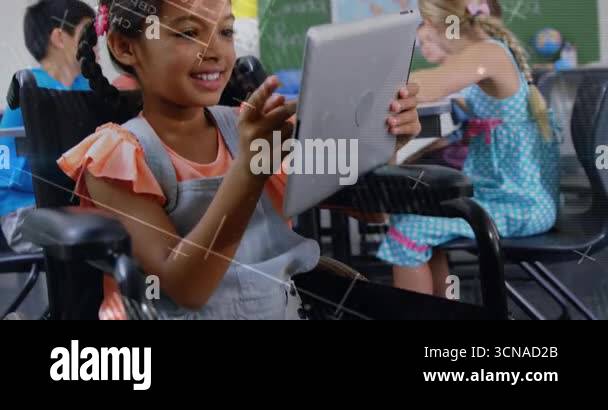 Girl in wheelchair lifting tablet and tapping screen, creating animated formulas for learning ...