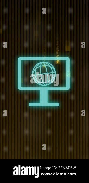 Animation of media icons and globe over binary coding. Technology, business and digital ...