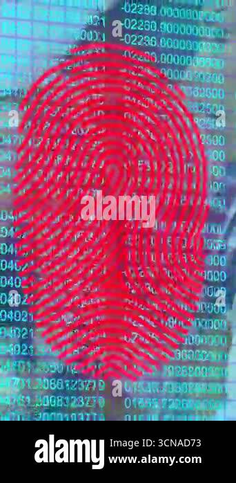 Animation of fingerprint and binary code overlaying professionals working in technology ...