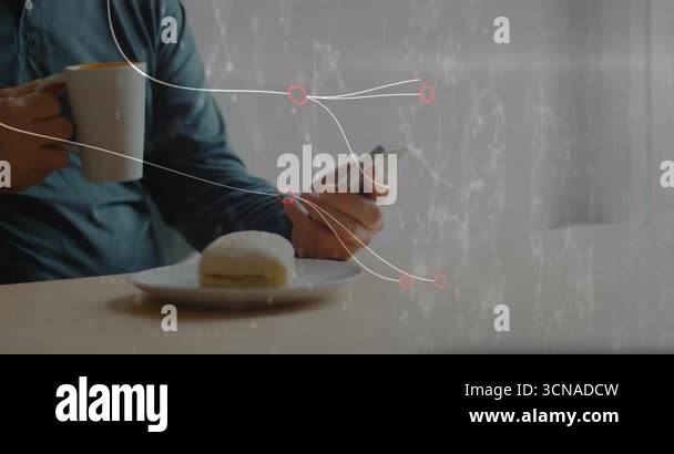 Man lifting smartphone and tapping screen while sipping coffee tech ...