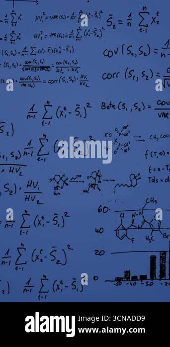 Animation of mathematical data processing over blue background. Global ...