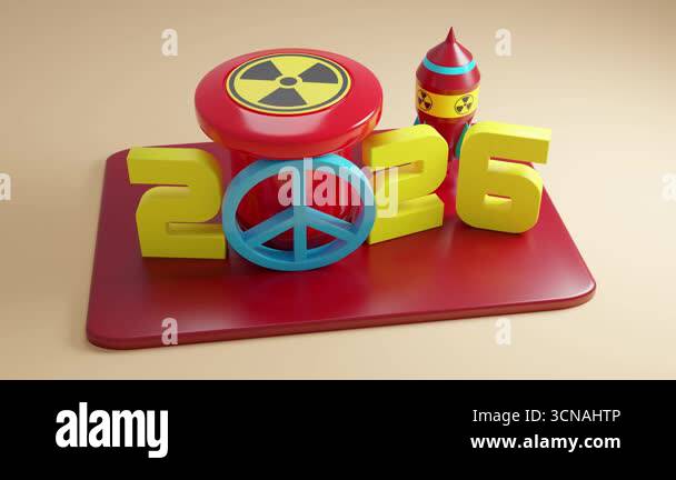 2026 date with peace symbol as zero. A red radiation button is blocked ...