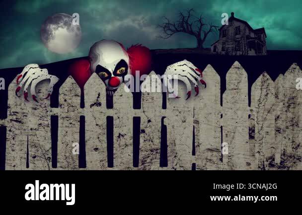 Halloween Animated Scene with Scary Clown Peeking Over Fence, Haunted ...