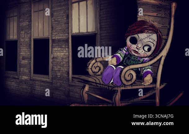 Halloween Animated Scene with Creepy Doll on Porch Swing, Haunted House ...