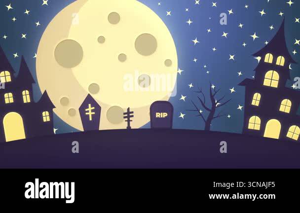 Halloween Animated Scene with Full Moon, Haunted Houses, and Starry ...