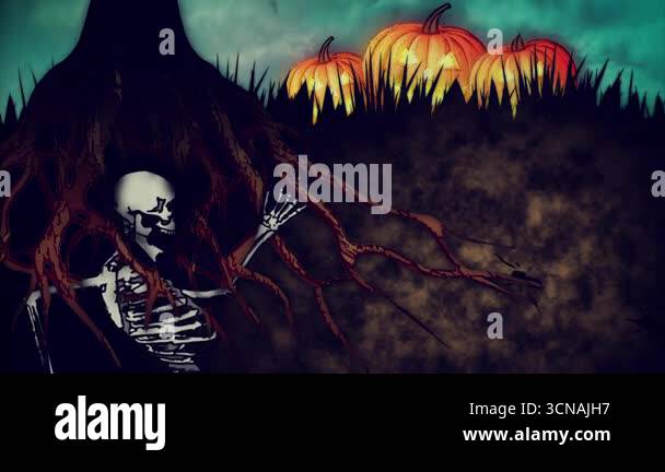 Halloween Animated Scene with Skeleton Under Tree, Glowing Pumpkins ...