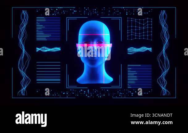 Digital face scanning with neon cyber design. Wireframe head, biometric ID, futuristic tech ...