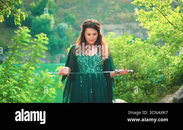 Fantasy portrait warlike red-haired woman queen holding silver sword in ...