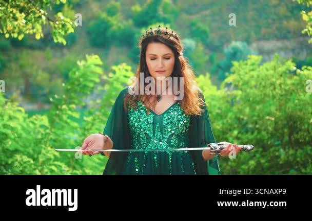 Fantasy portrait warlike red-haired woman queen holding silver sword in ...