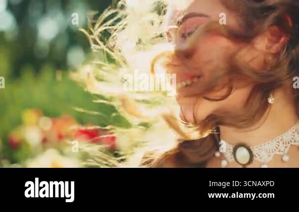 art portrait happy fantasy girl teenager enjoying nature breath of wind ...