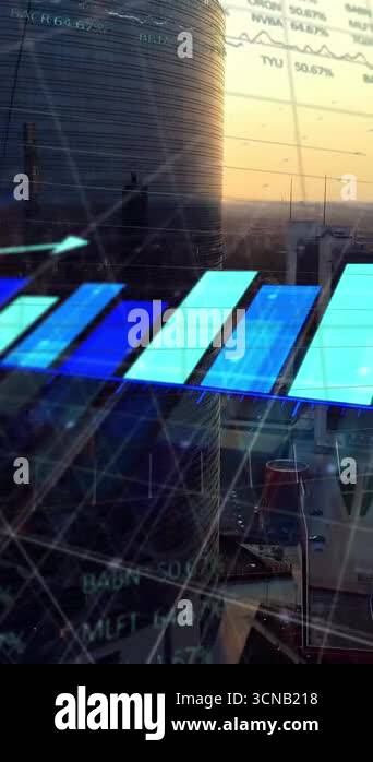 Animation of financial data processing over digital screens. Global ...