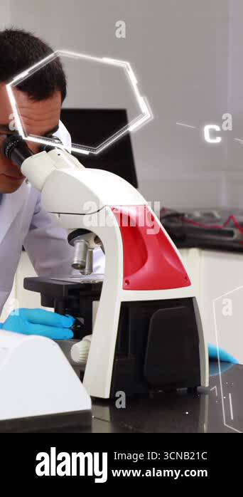 Animation of scientific data processing over male scientist using microscope in laboratory ...