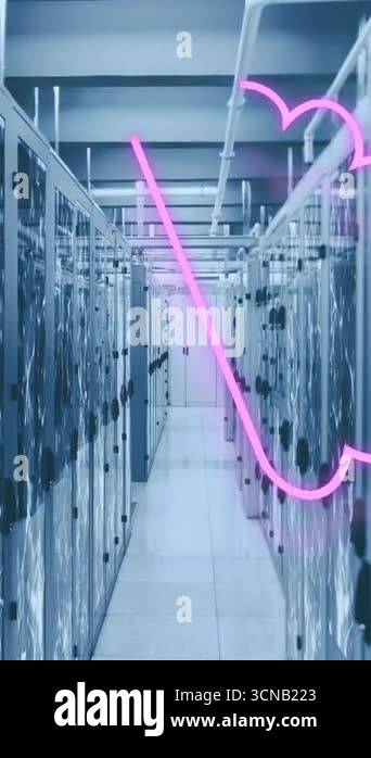 Animation of ai data processing and networks over computer server room. Global artificial ...