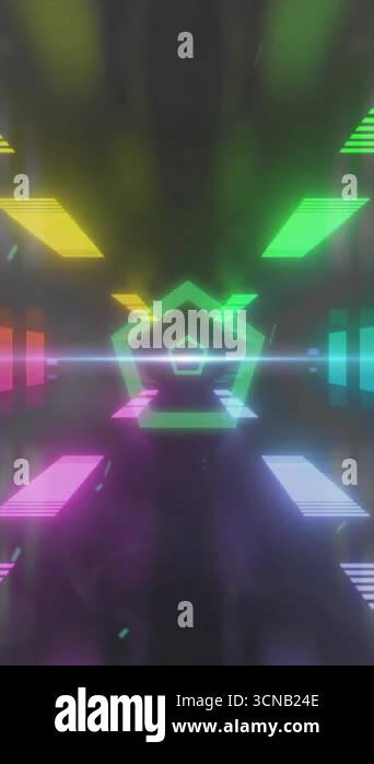 Green hexagons over colourful glowing blocks moving on black background ...