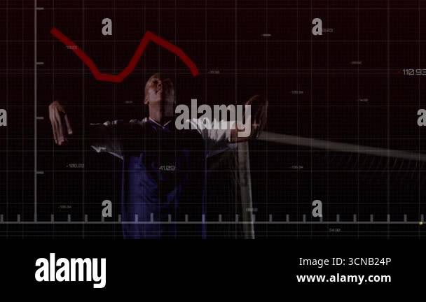 Soccer player reacting to red analytics graph on goal net grid ...