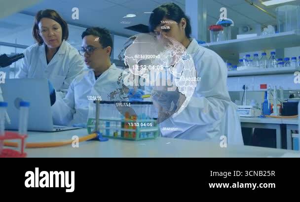 female scientist pipetting sample in lab activating digital globe overlay while team analyzing ...