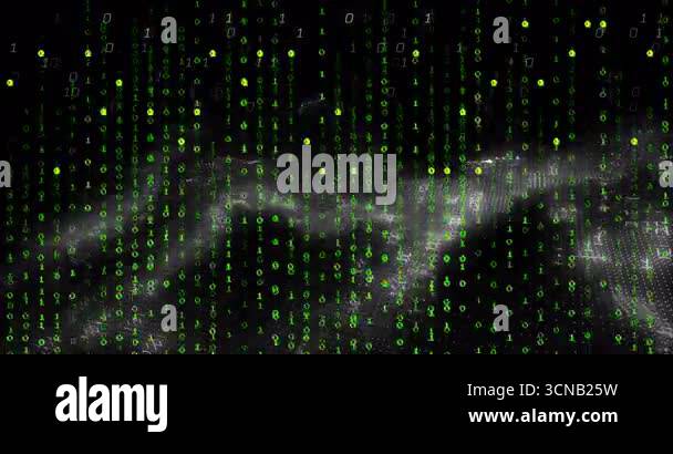 Opening with green and white binary streams cascading forming mesh revealing evolving 3D terrain ...