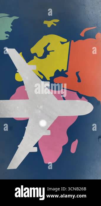 Animation of airplane flying over world map. global travel, connections ...