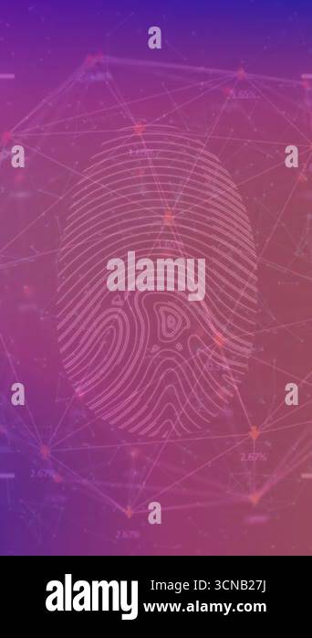 Animation of connections over fingerprint scanning on purple background ...