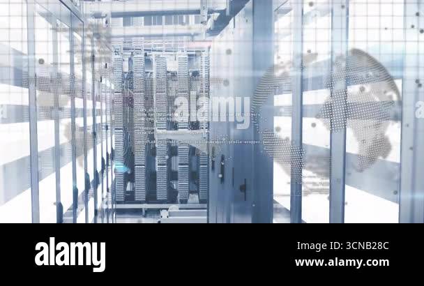 On opening server corridor grid faint dots forming globe, data drifting visualizing data ...