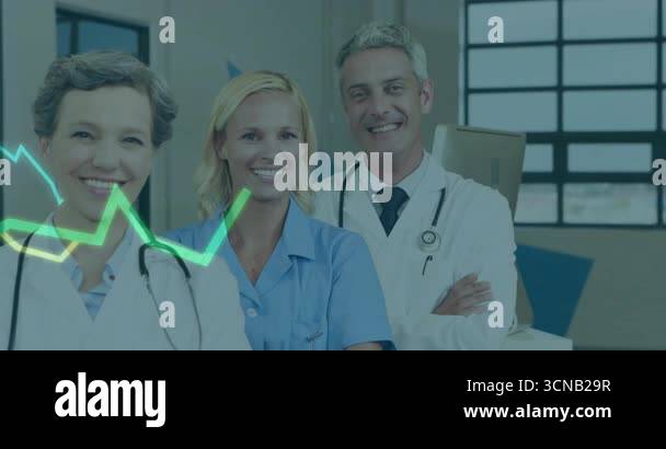 Translucent ECG waveform entering frame overlaying health team ...