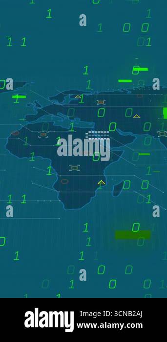 Animation of binary coding data processing over world map. Global ...