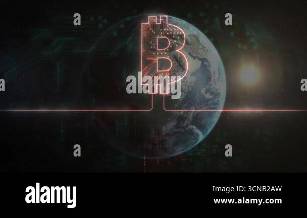 Red line sweeping, neon bitcoin forming and circuits lighting, planet rotating visualizing ...