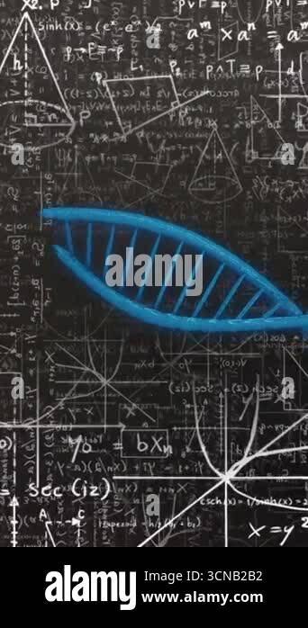 DNA strand and mathematical equations, scientific data processing ...