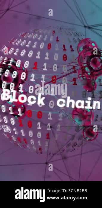 Animation of block chain text, globe of binary coding, connecting dots on purple gradient ...