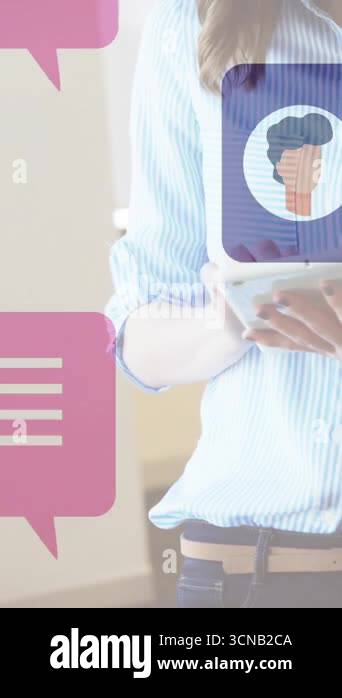 Chat bubbles animation over woman using tablet in bright room ...