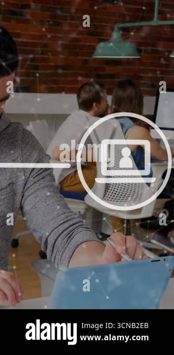 Animation of icons over caucasian men using computer. Global ...