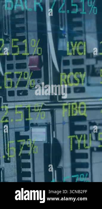 Animation of financial data processing over server room. Global ...