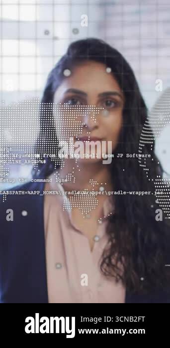 Animation of financial data processing over businesswoman in office ...