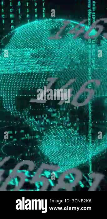 Animation of numbers, data and globe on black background. Network ...