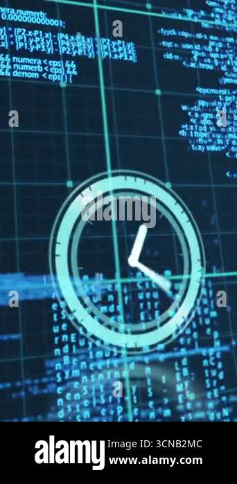 Animation of clock moving over data processing on navy background. time passing by and digital ...