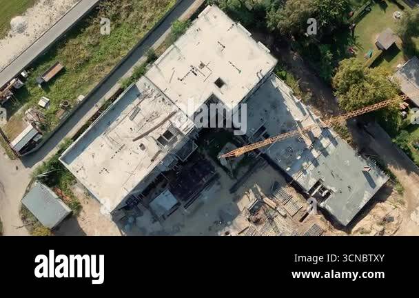 Top View Of Building Construction Site, Tower Crane And Concrete Roof ...