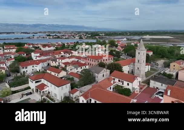 Historic coastal town Nin captured by drone in spring. Old town Nin ...
