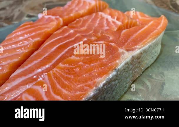 Fresh red fish, salmon, seafood, healthy food, omega Stock Video ...