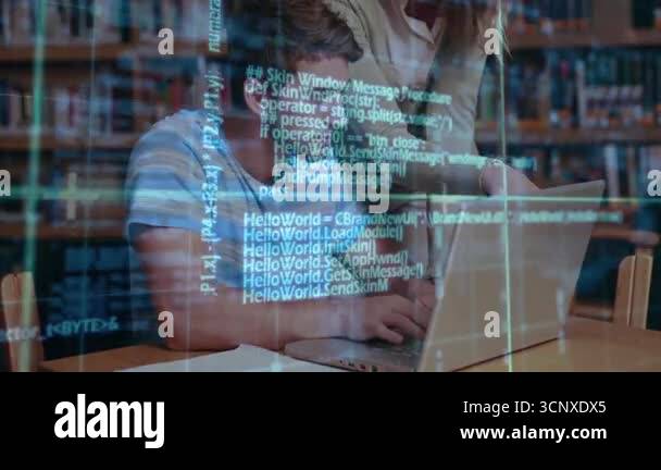 Tech student stopping typing after instructor pointing code overlay for debugging errors ...