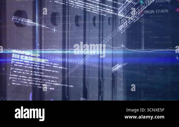 Fading in digital overlay over server racks animating binary code ...