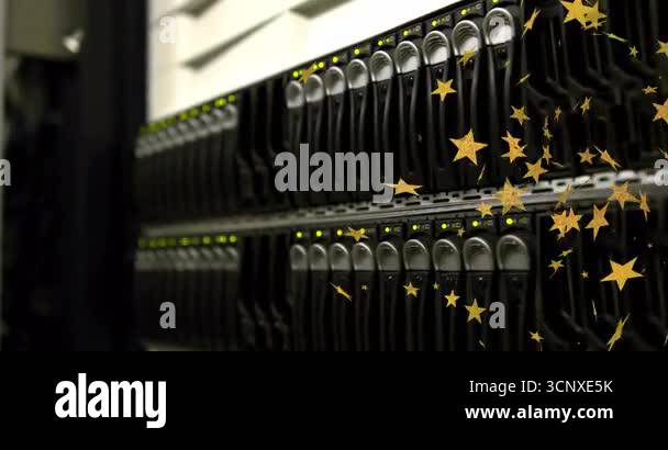 Starting server drive bay LEDs glowing while golden stars drifting and ...