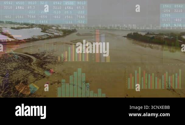 Opening aerial estuary animating data matrix, colored charts and line ...