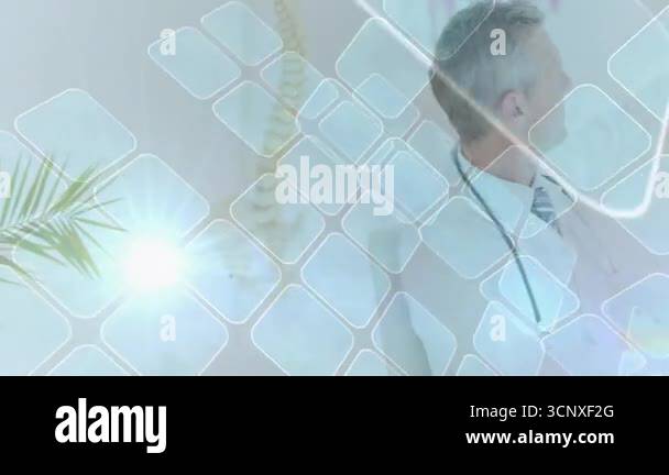 Doctor turning head toward camera while squares drifting lens flares ...