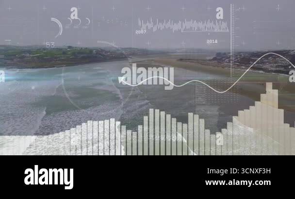 Translucent interface overlaying shoreline, animating rising bar chart to visualize timeline ...